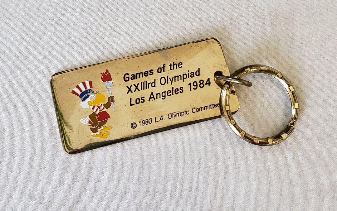 1984 LA Olympics Rectangular Brass Keychain With Patriotic Bald Eagle ...