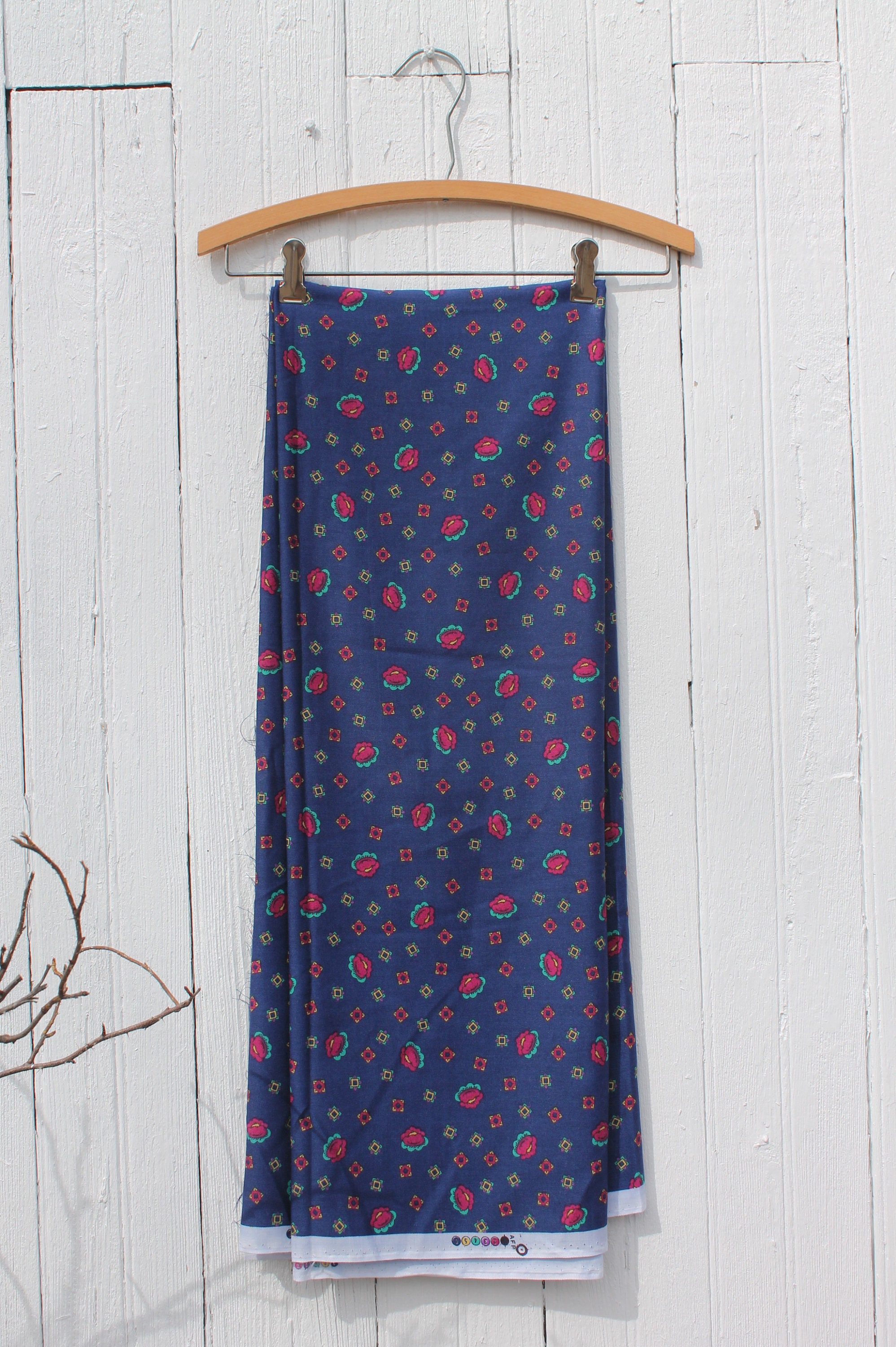 1980s Dark Royal Blue Rayon Fabric With Floral and Geometric Pattern ...