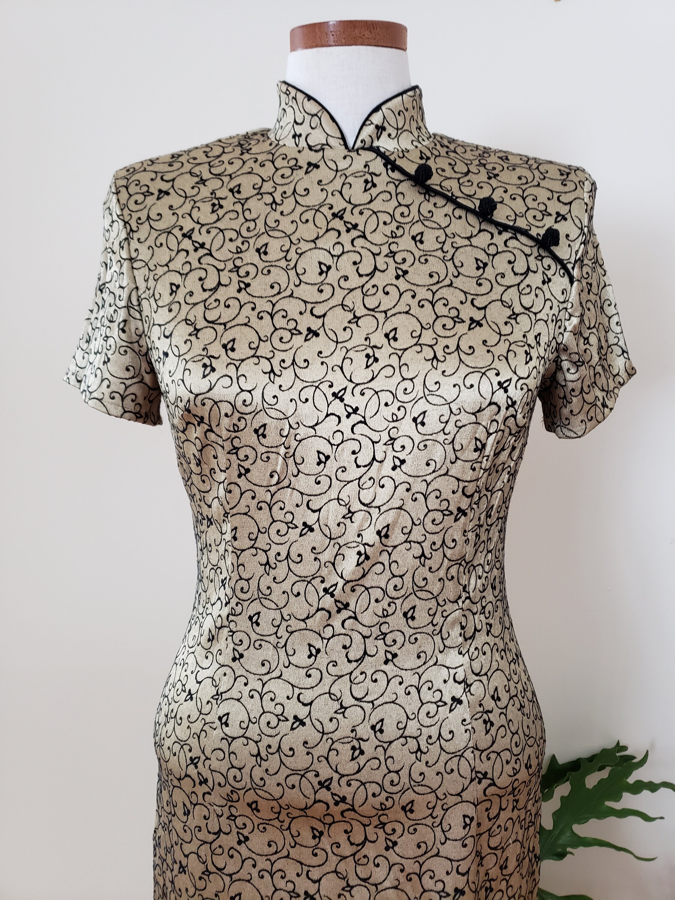 1980s Gold and Black Brocade Cheongsam Short Sleeve High - Etsy