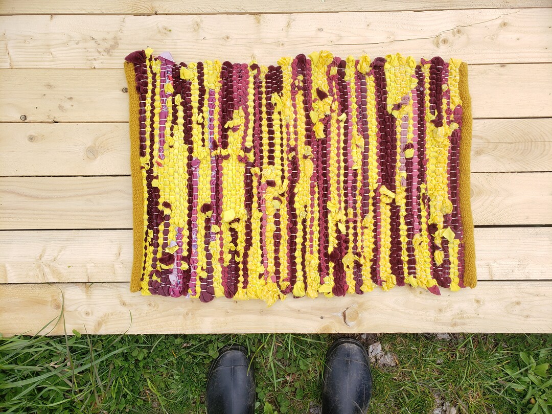 Upcycled Maroon and Yellow Woven Rag Rug, Small Accent Rug - Etsy