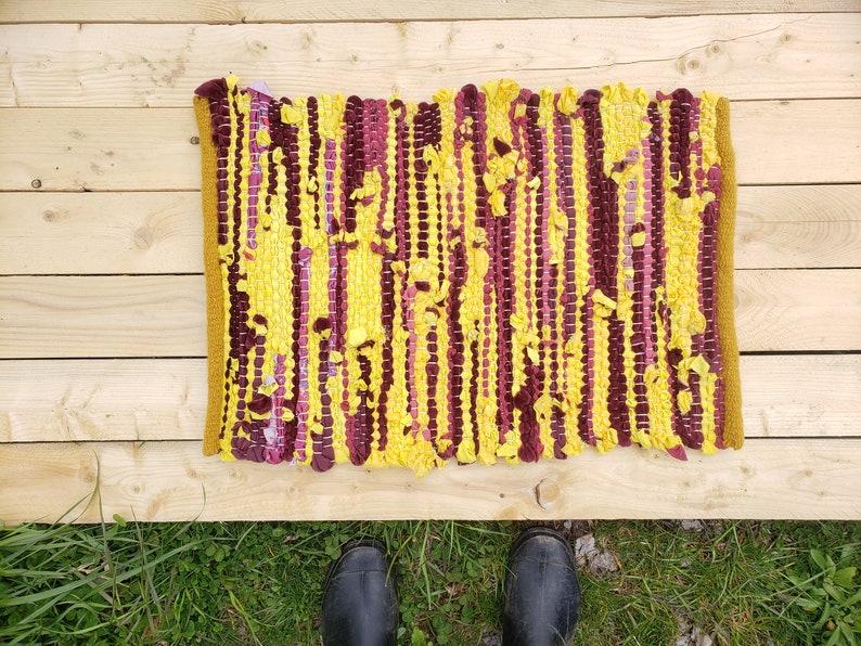 Upcycled Maroon and Yellow Woven Rag Rug, Small Accent Rug - Etsy