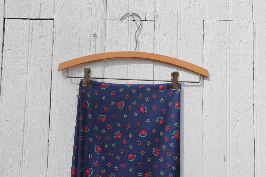 1980s Dark Royal Blue Rayon Fabric With Floral and Geometric Pattern ...