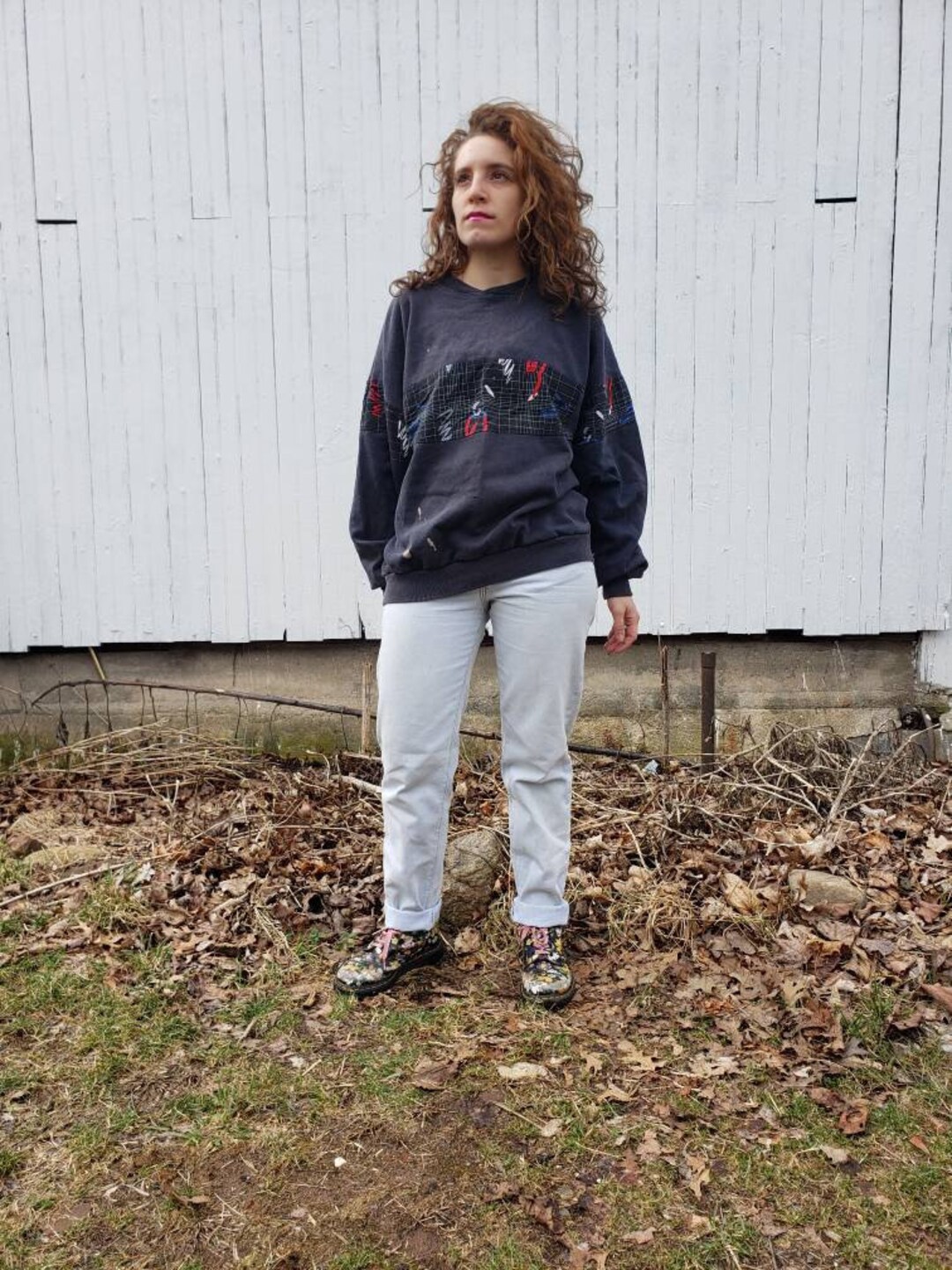 1990s Panel Sweatshirt, Faded Black With Abstract Pattern, Paint, and ...