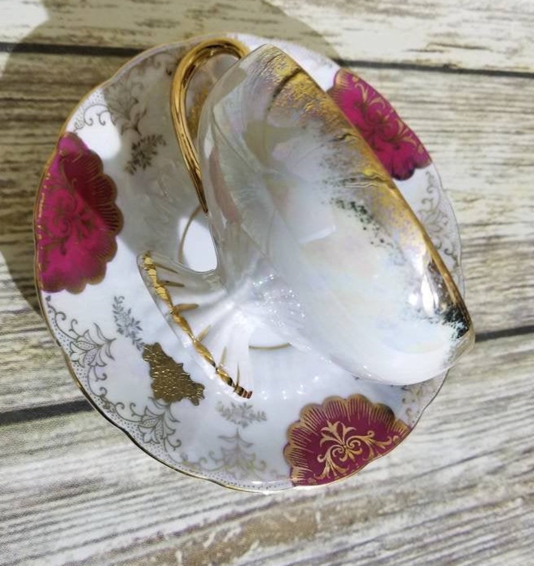 Vintage ROYAL HALSEY LM Teacup W Saucer Burgundy Gold Floral Luster ...