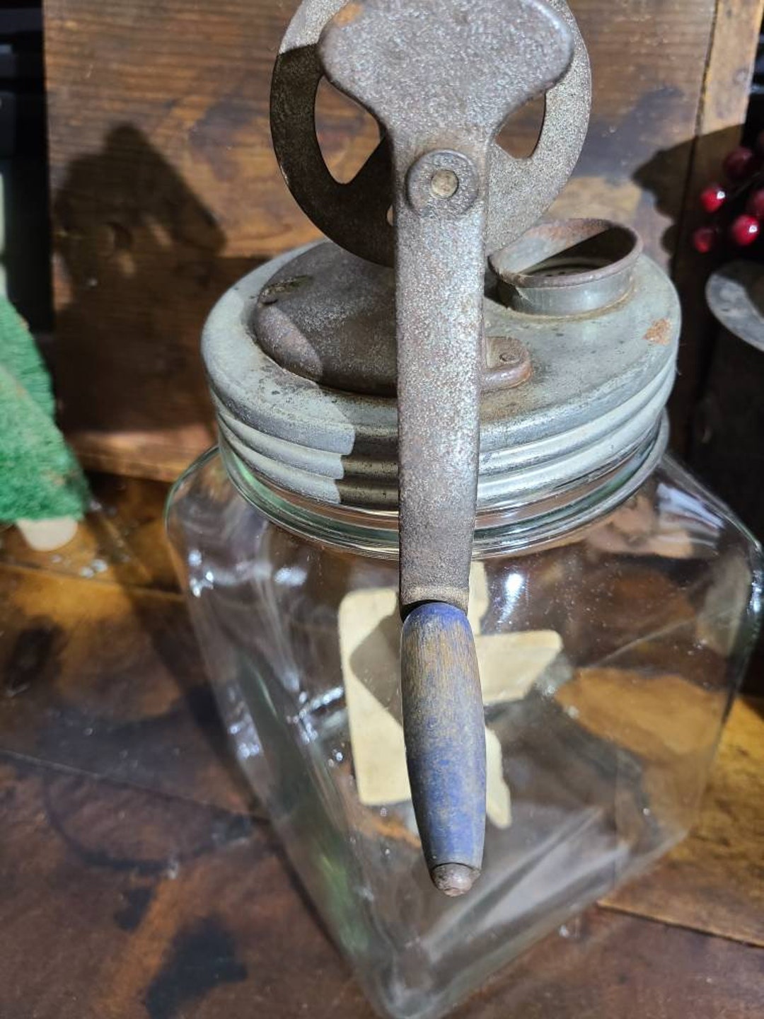 Vintage Primitive 6 QT BUTTER CHURN Glass Jar Rustic Metal Mixer ...