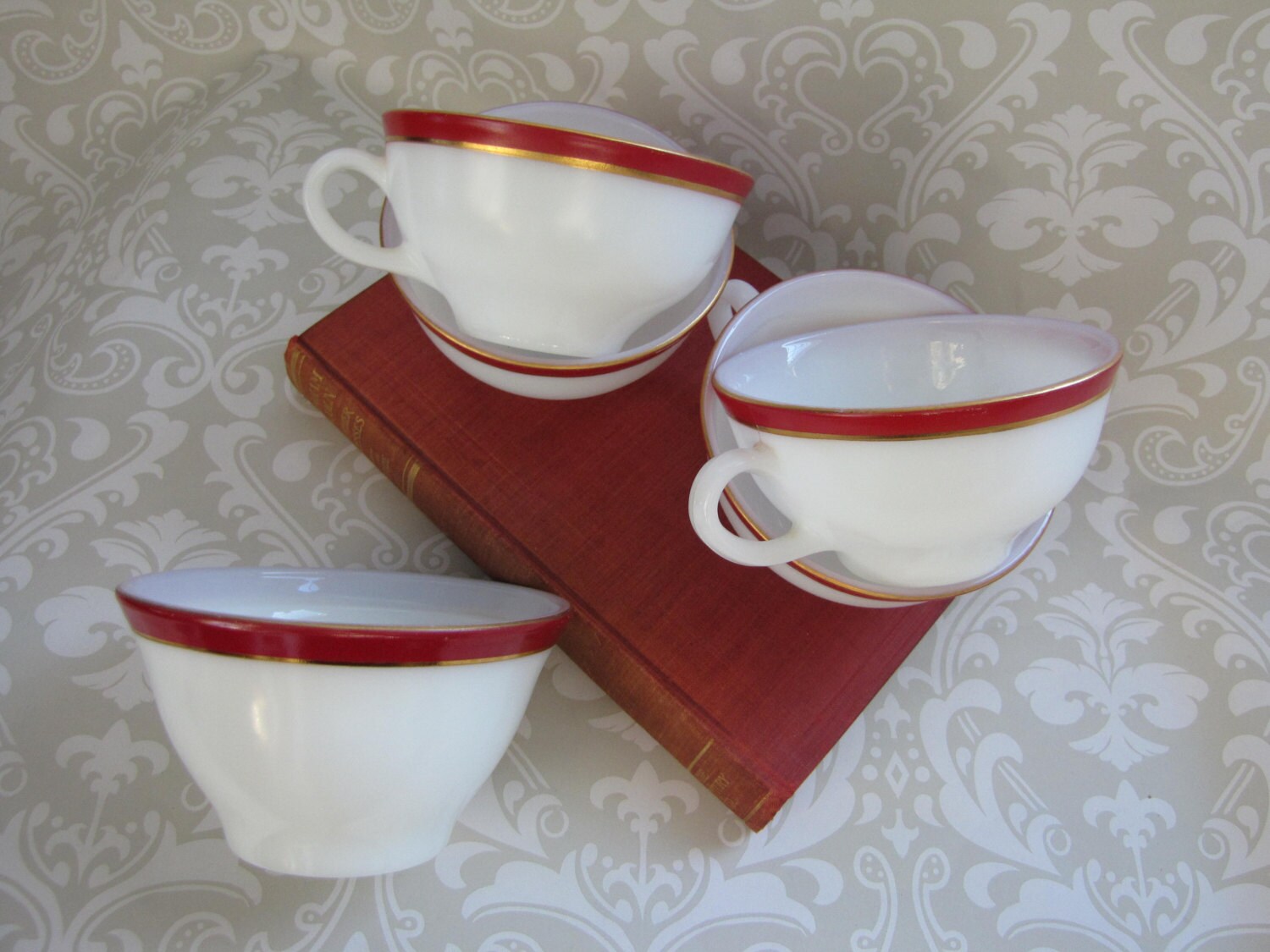 Vintage Red Gold Pyrex Cups and Sugar Bowl Milk Glass Pyrex | Etsy