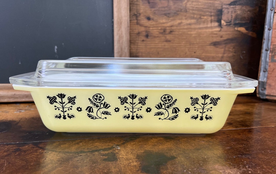 Vintage Pyrex Promotional Casserole Dish Yellow Embroidery Black ...
