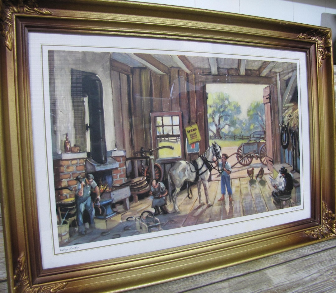 Vintage H.C. Wolcott "village Smithy" Framed Print~ Gold Ornate Frame ...