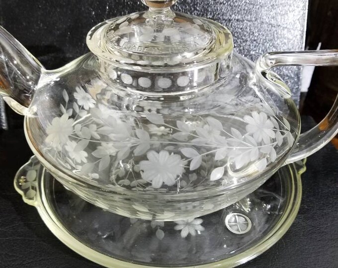 Antique PYREX Etched Squat Teapot Fred Carder~ Floral Engraved W ...