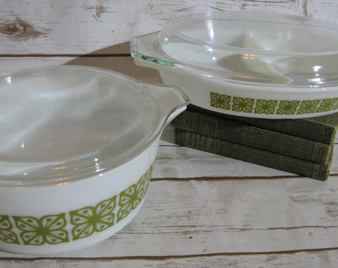 Pyrex Verde Green Square Flowers White Casserole Set Oval - Etsy
