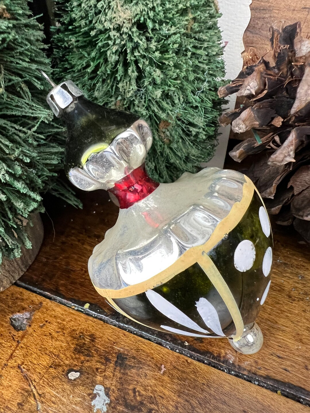 Vintage Large Spinning Top Glass Christmas Ornament Figural dark Green ...