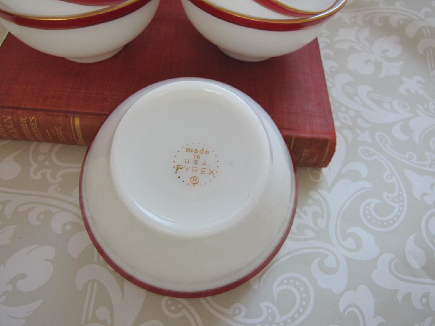 Vintage Red Gold Pyrex Cups and Sugar Bowl Milk Glass Pyrex | Etsy