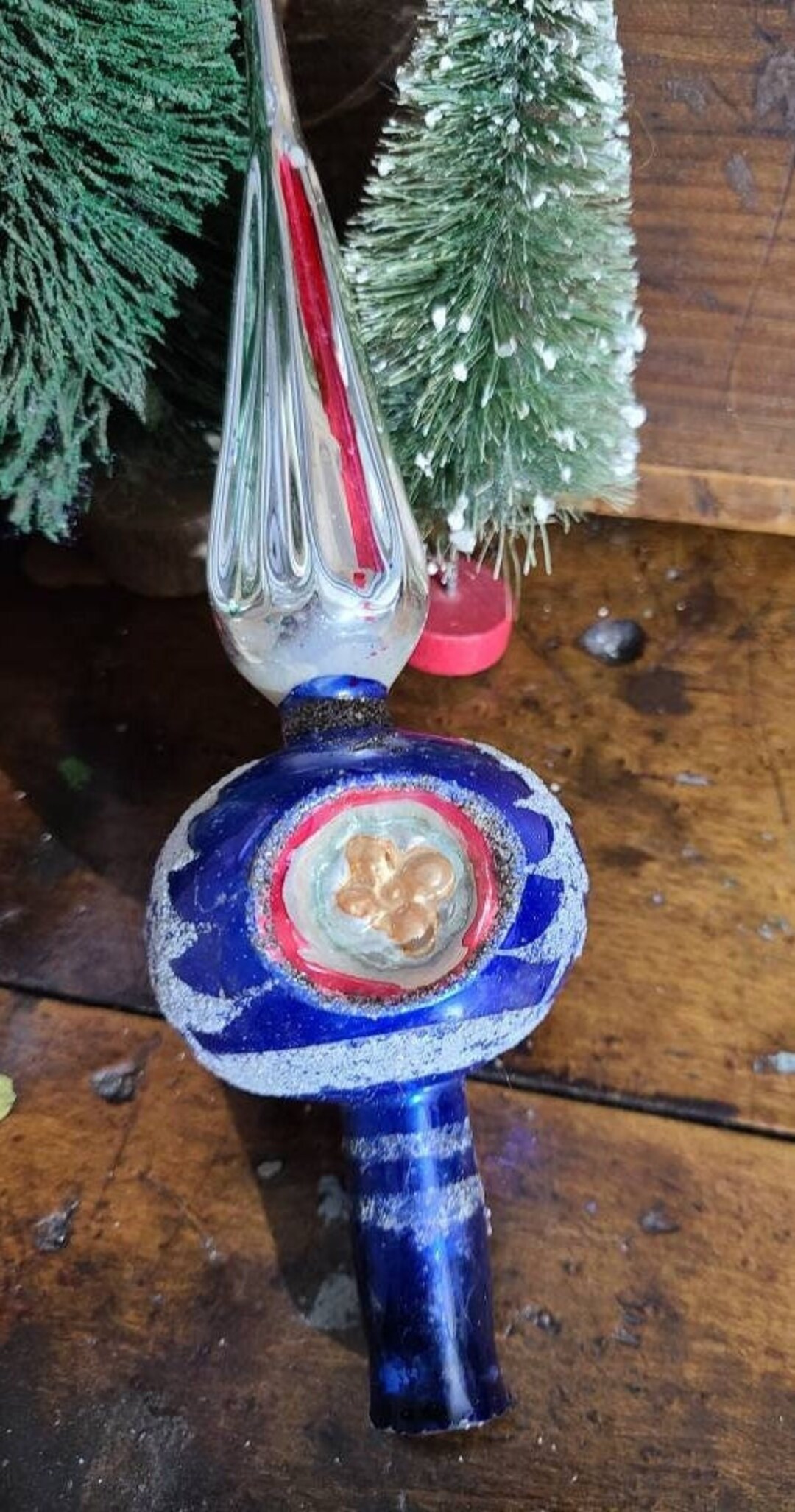 Vintage BLUE Mercury Glass TRIPLE Indent Christmas Tree Topper Ornament ...