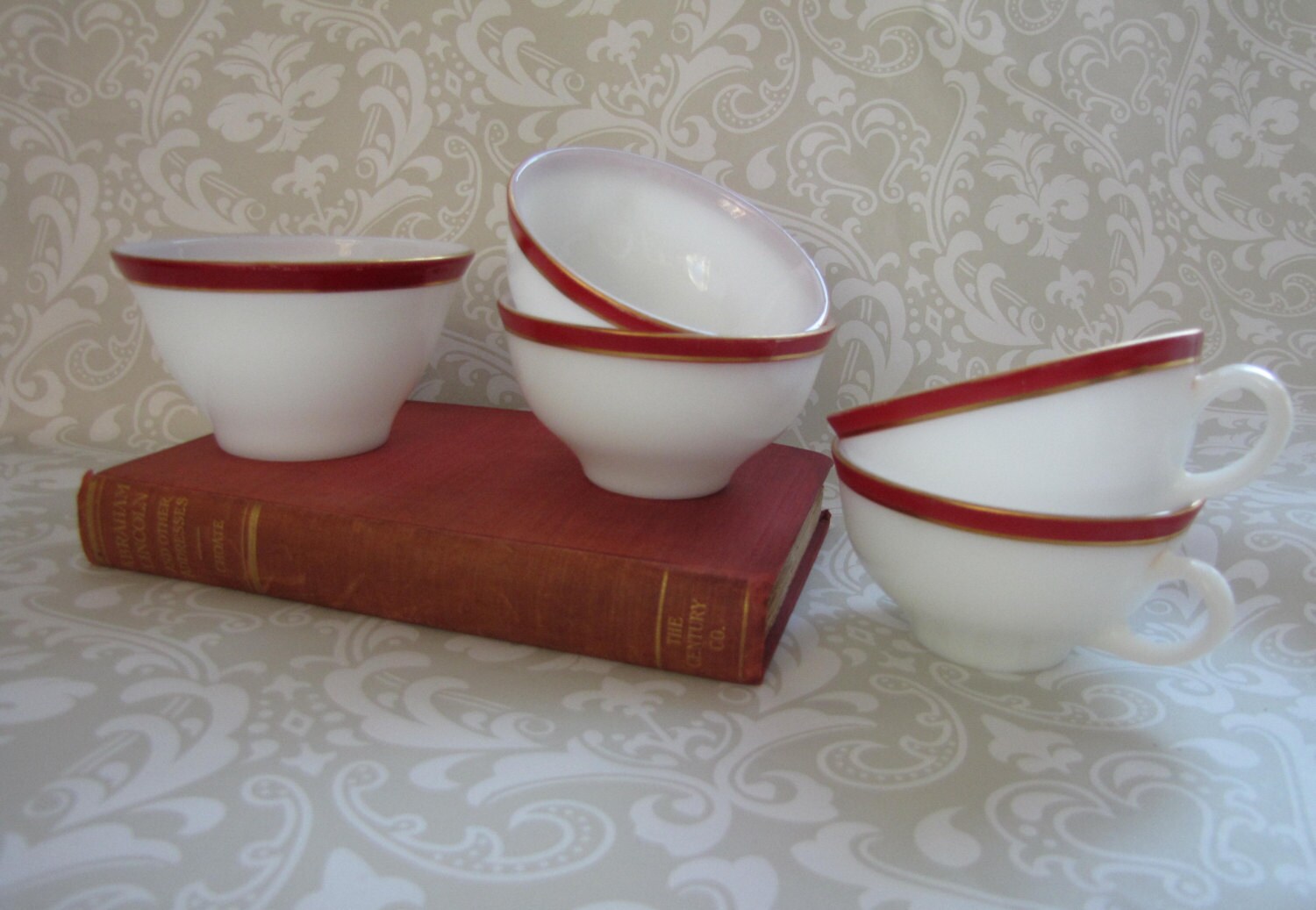 Vintage Red Gold Pyrex Cups and Sugar Bowl Milk Glass Pyrex | Etsy