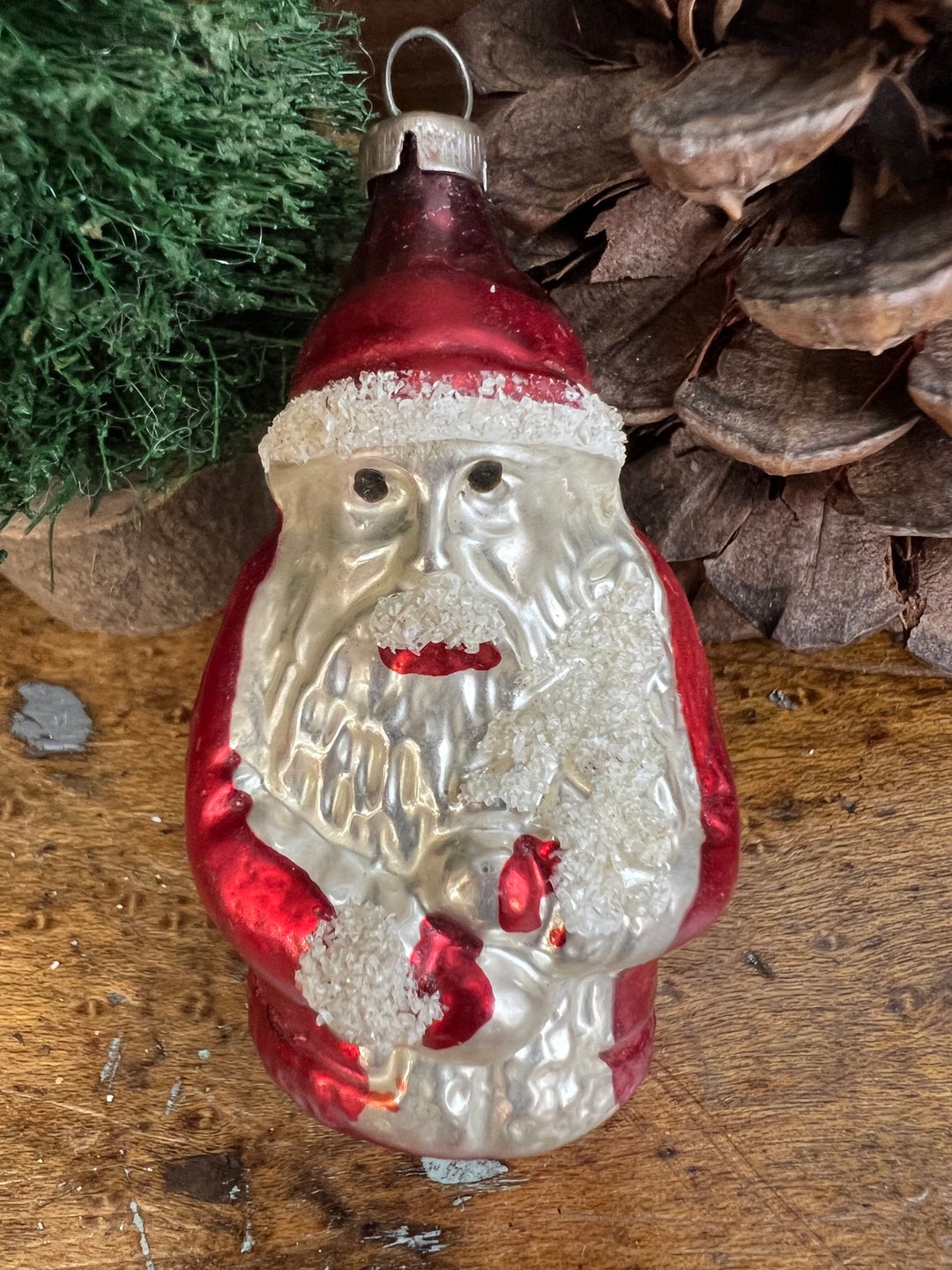 Vintage Figural Christmas Ornament| Red Santa Claus White Mica ...
