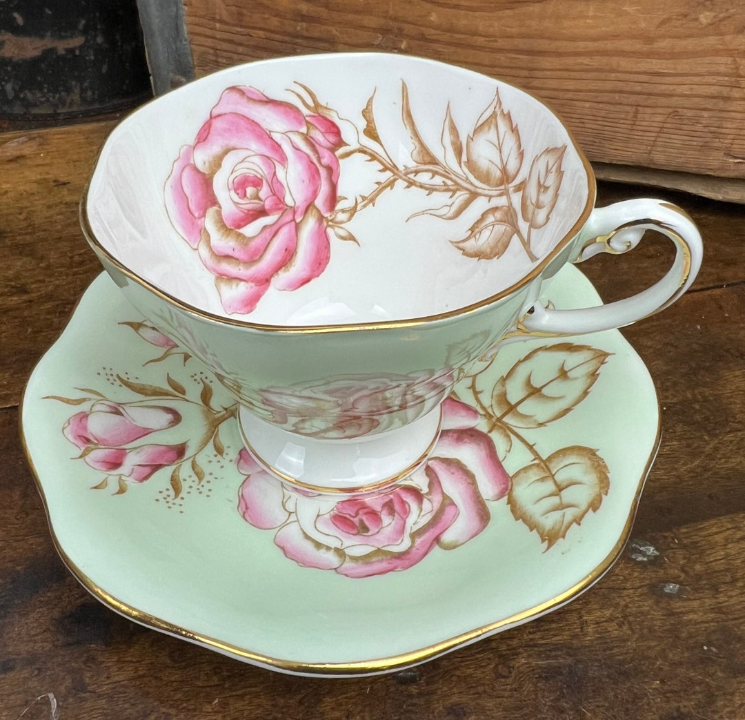Vintage FOLEY CHINA Pink Rose Green Teacup and Saucer ~fine Bone China ...
