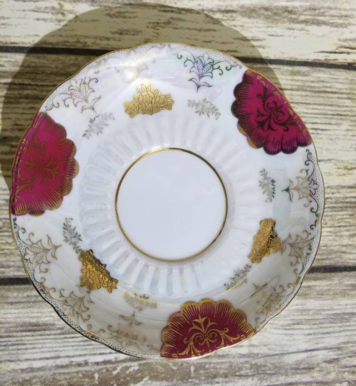 Vintage ROYAL HALSEY LM Teacup W Saucer Burgundy Gold Floral Luster ...