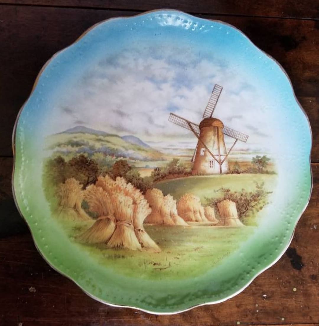 Vintage Dresden China Hand Painted Autumn Scene Plate ~ Windmill Golden ...