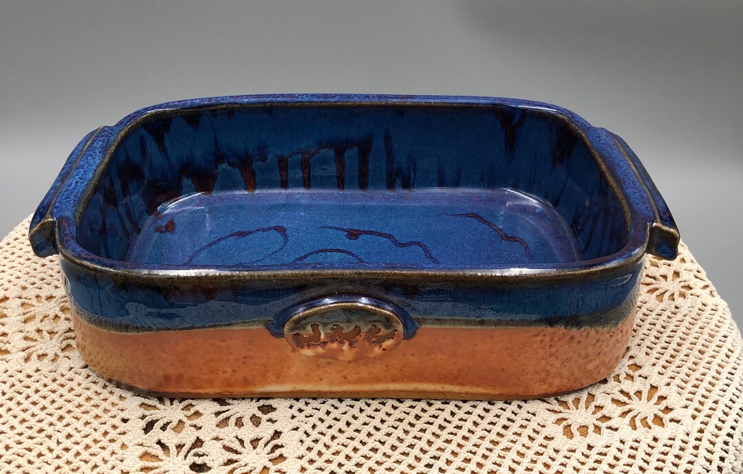 Wood-fired Casserole Dish, Blue Rectangular Pan, Handmade Ceramic ...