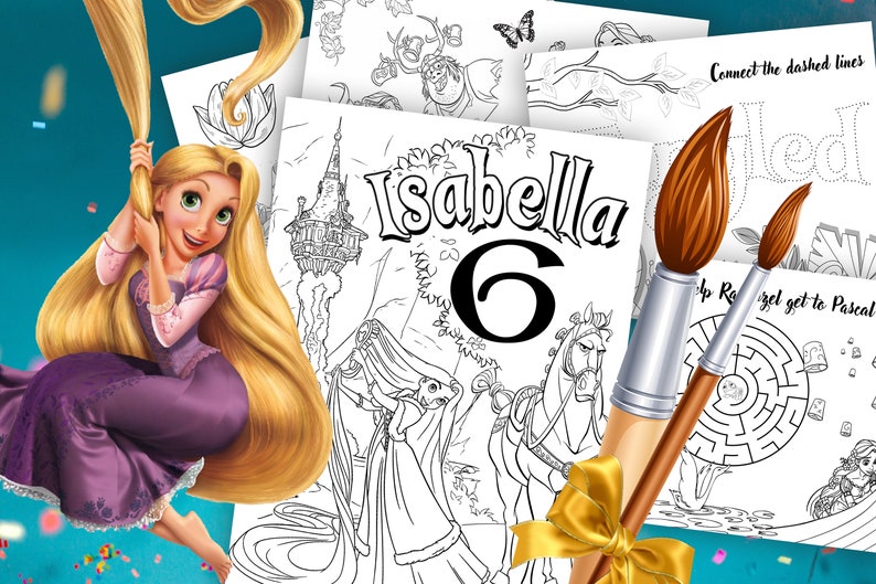 Personalized Rapunzel Coloring Pages, 6 Sheets, Rapunzel Birthday ...
