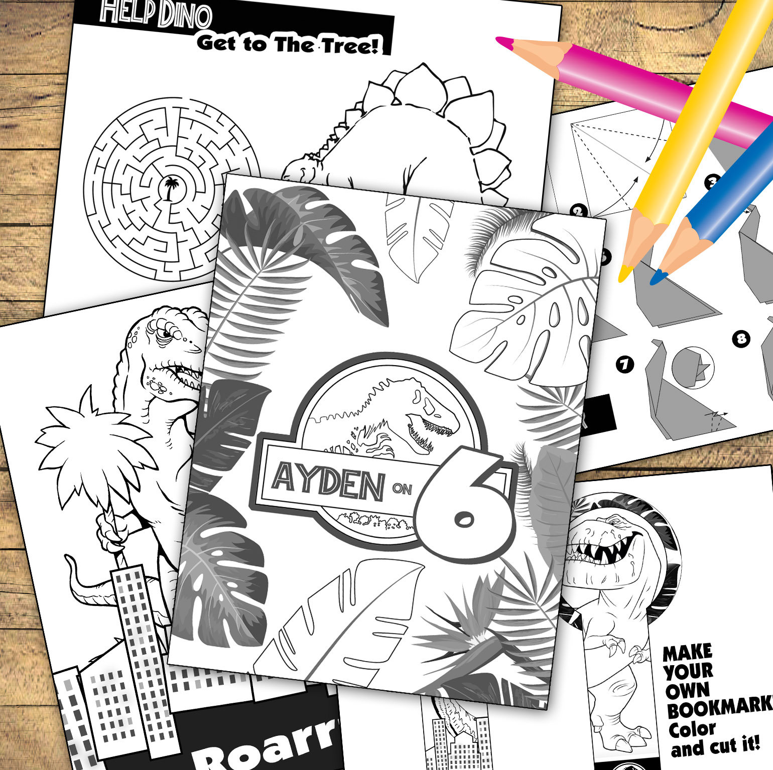 Personalized Dinosaur Coloring Pages, 6 Sheets, Dinosaur Birthday ...