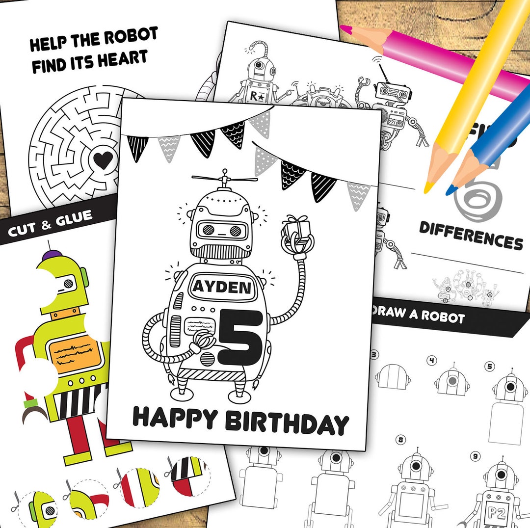 Personalized Robot Coloring Pages, 6 Sheets, Robot Birthday Activities ...