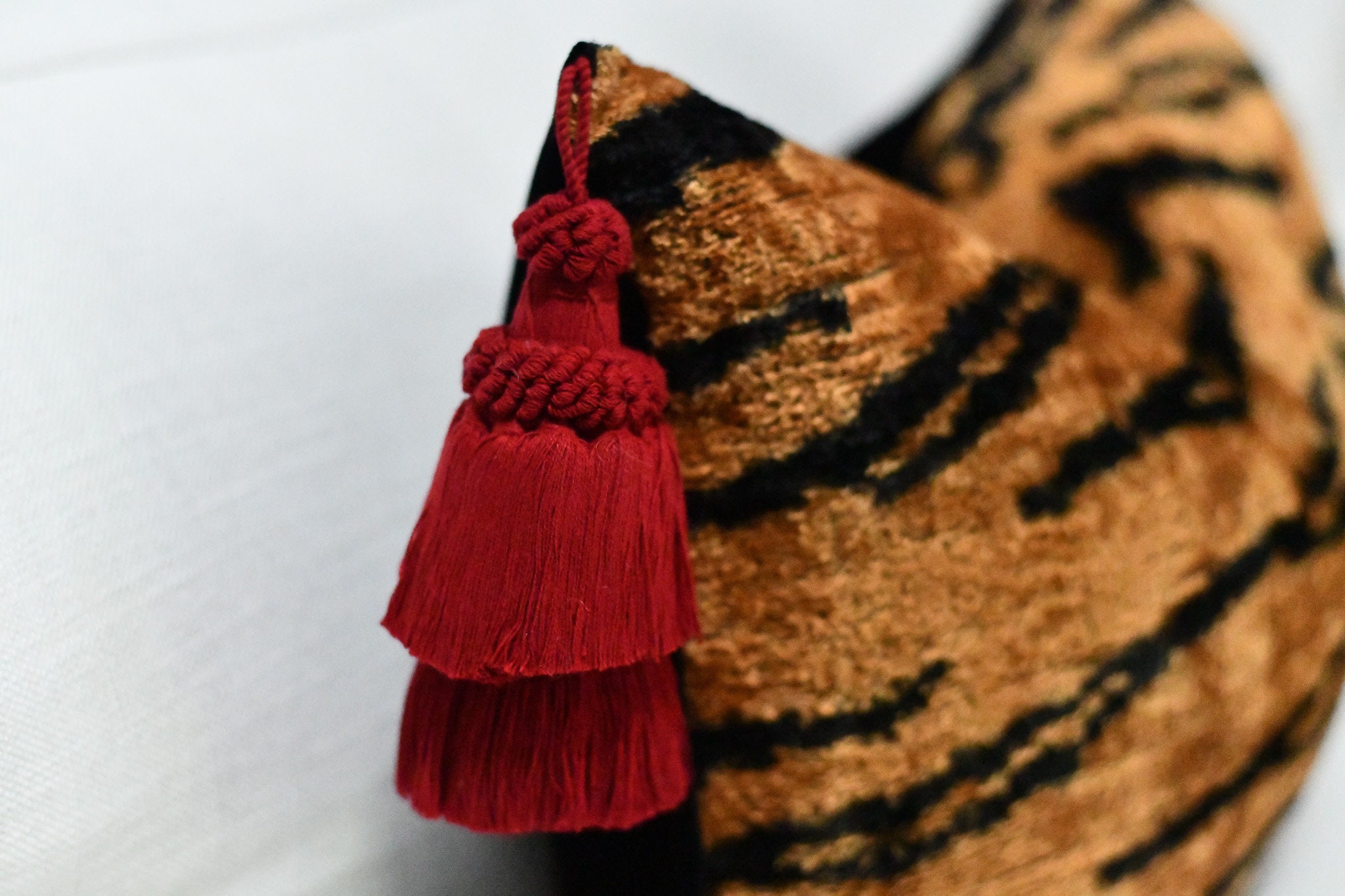Tiger Silk Velvet Pillow With Handmade Tassels - Lumbar Tiger Pillow ...