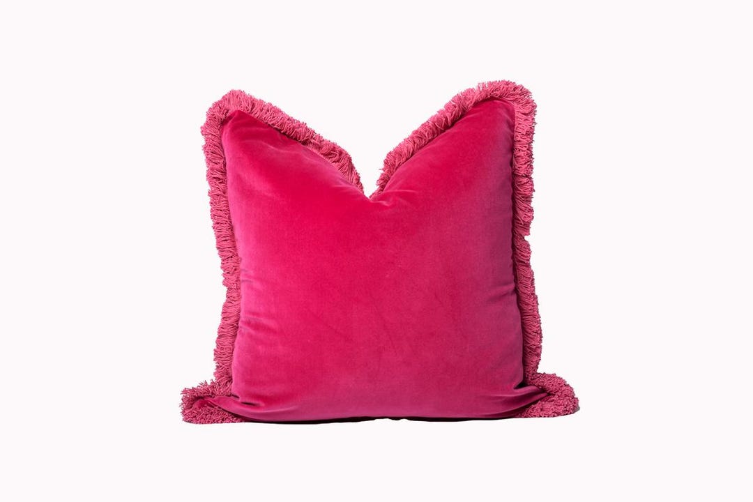 Barbie Pink Velvet Pillow Cover With Fringe - Hot Pink Velvet Cover ...