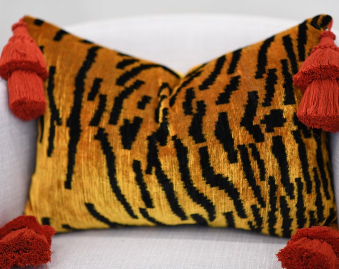 Tiger Silk Velvet Pillow With Handmade Tassels Lumbar Tiger - Etsy