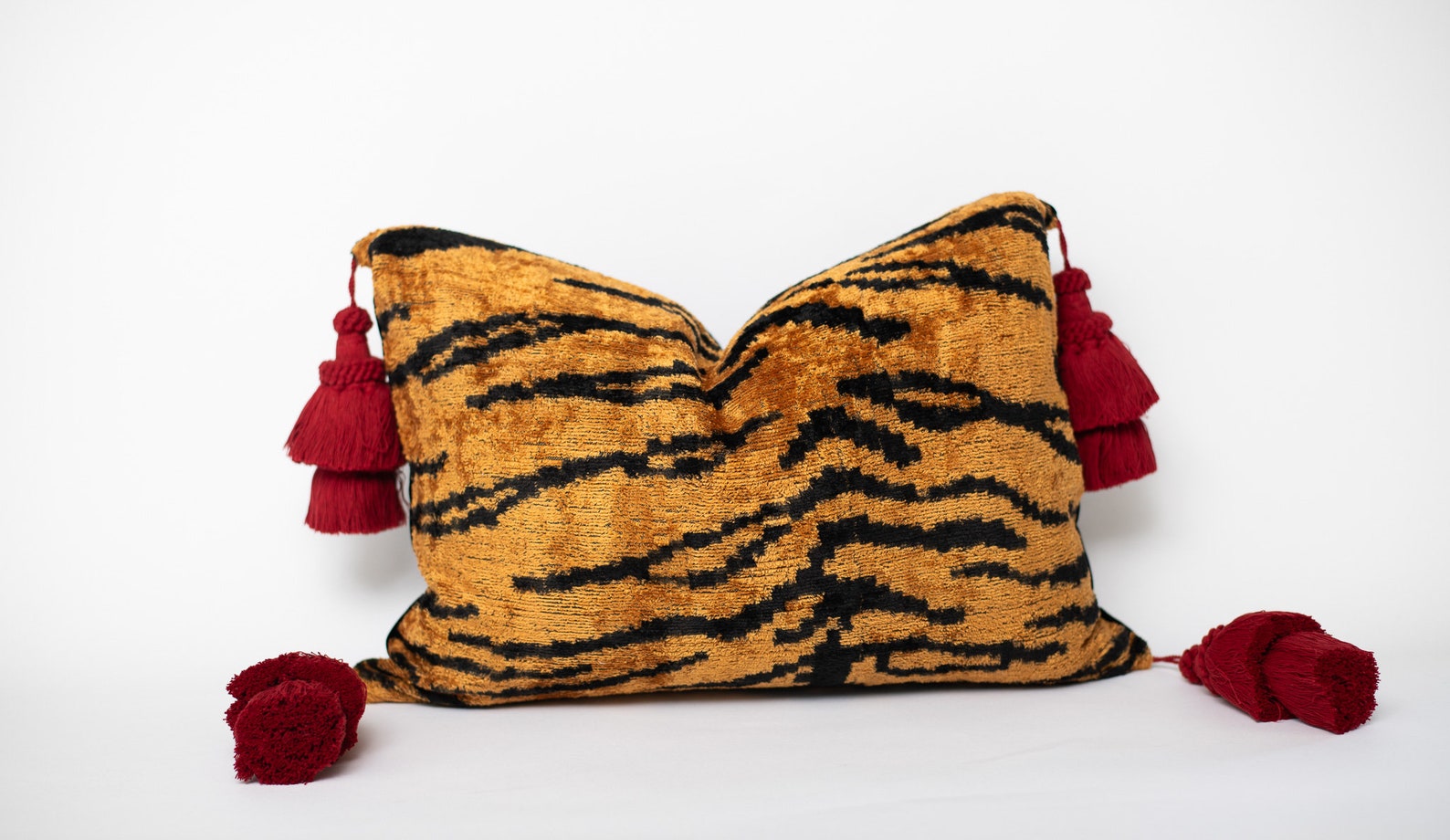 Tiger Silk Velvet Pillow With Handmade Tassels - Lumbar Tiger Pillow ...