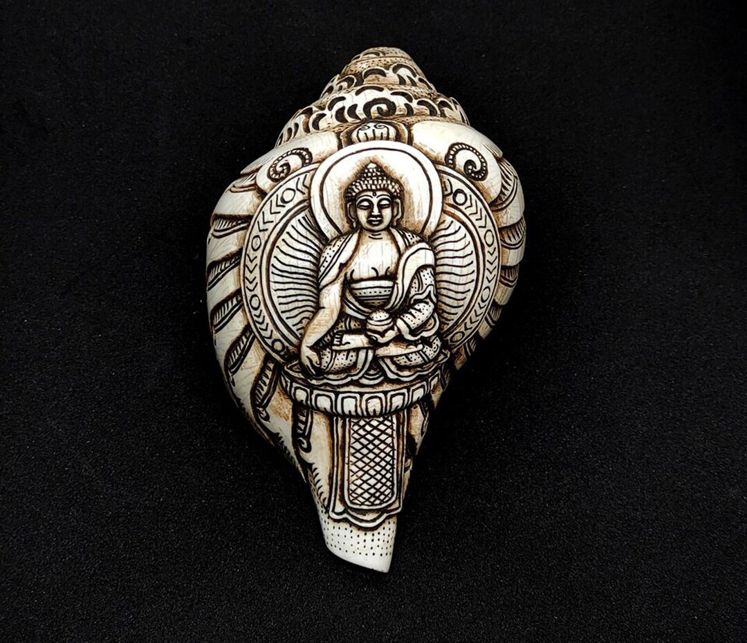 Large Lord Buddha Ritual Conch Shell Hand Carved Buddhist Monk Ritual ...