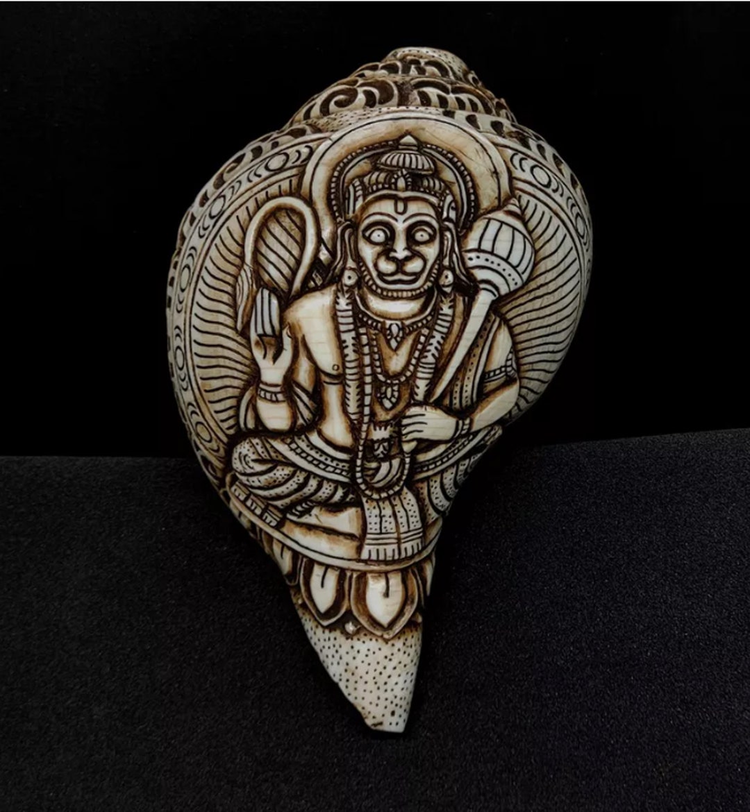 Hindu Priest Ritual Conch Shell Hand Carved Flying God Lord Hanuman ...