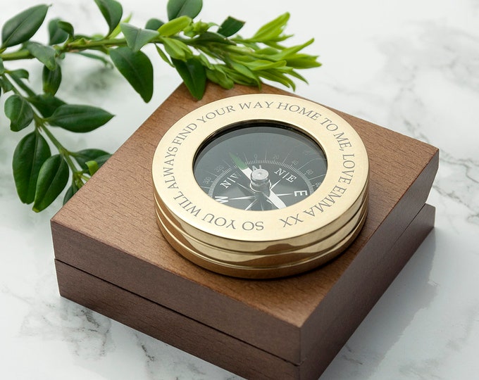 Personalised Compass With Wooden Box, Custom Engraved Compass Gift ...