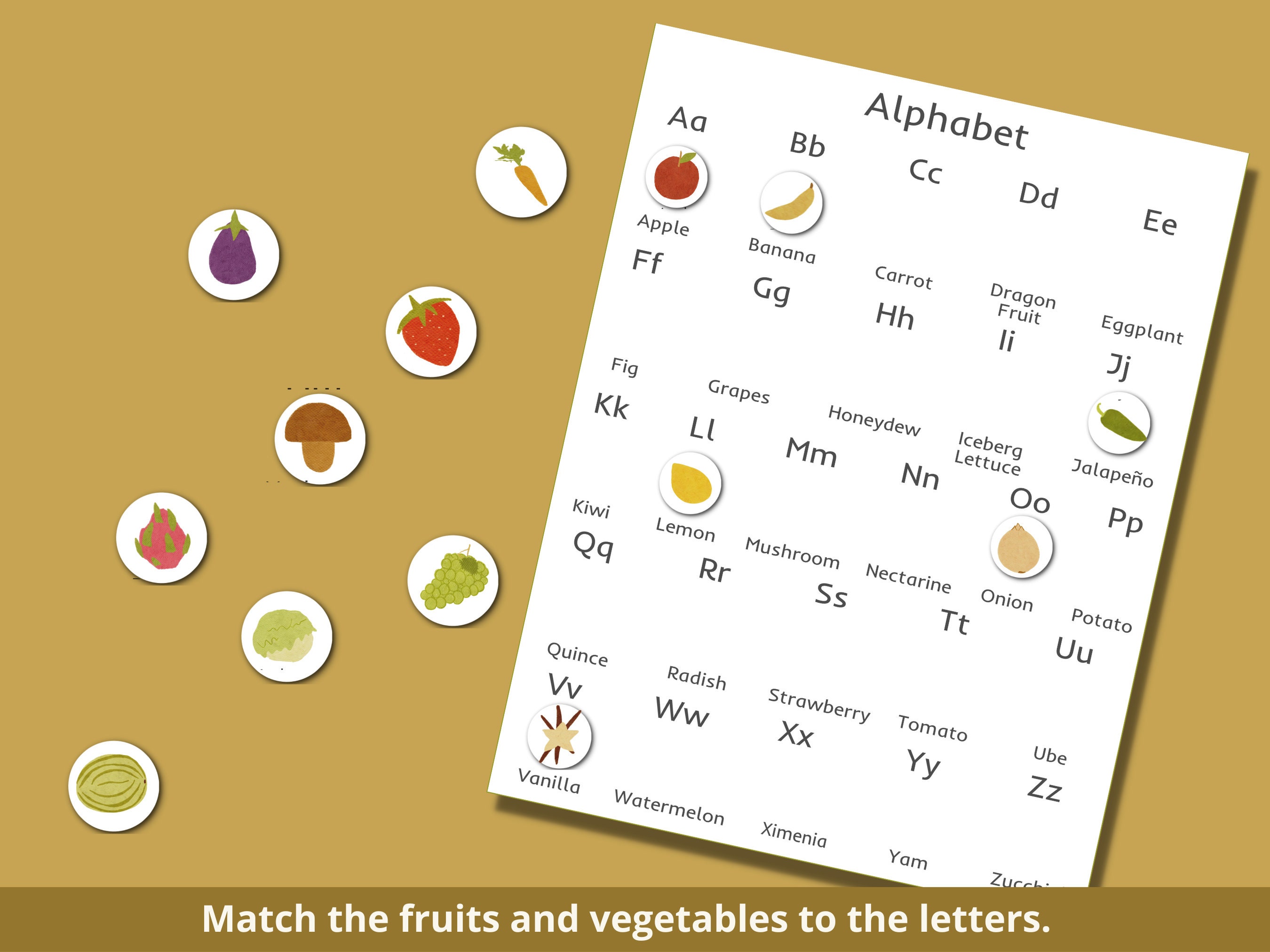 Beginning Sounds - Alphabet Matching Game Fruits and Vegetables ...