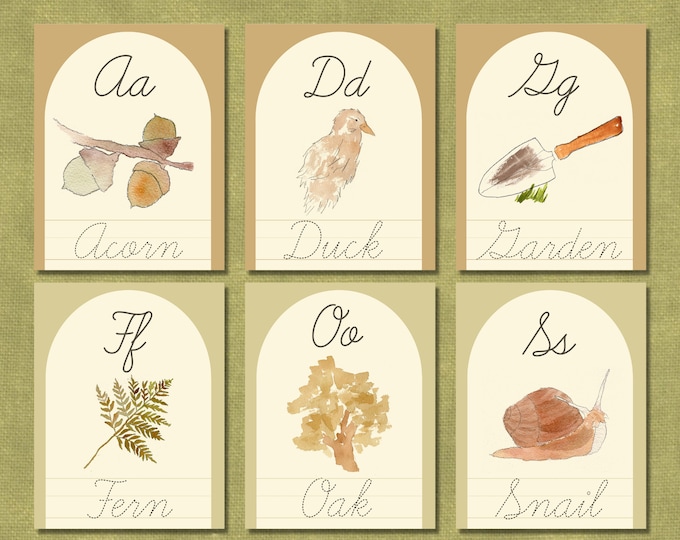 Cursive Alphabet Poster - Nature Watercolor Illustrations - ABC Print ...