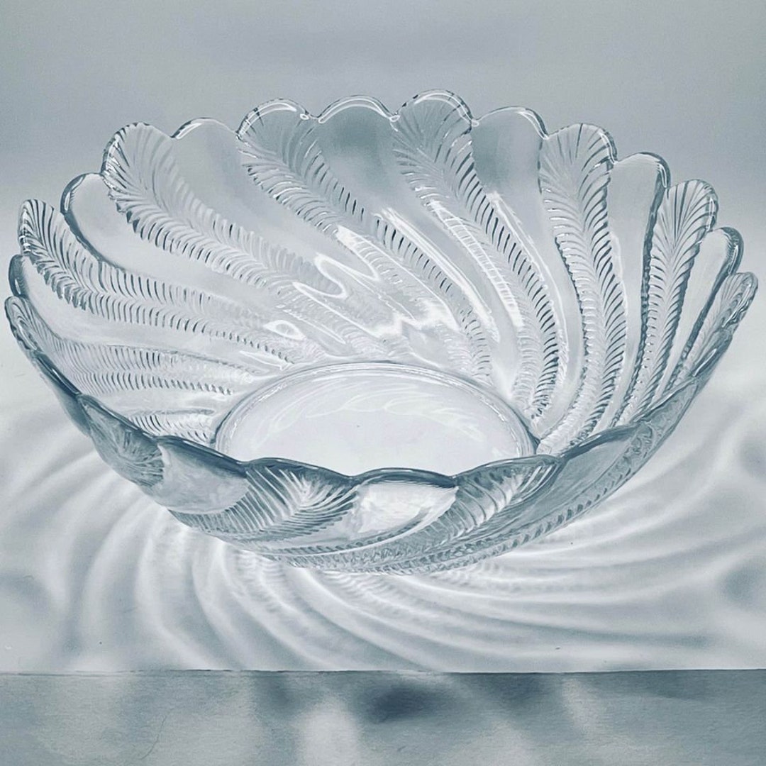 Large Clear Glass Serving Bowl With Feather Swirl Pattern Etsy