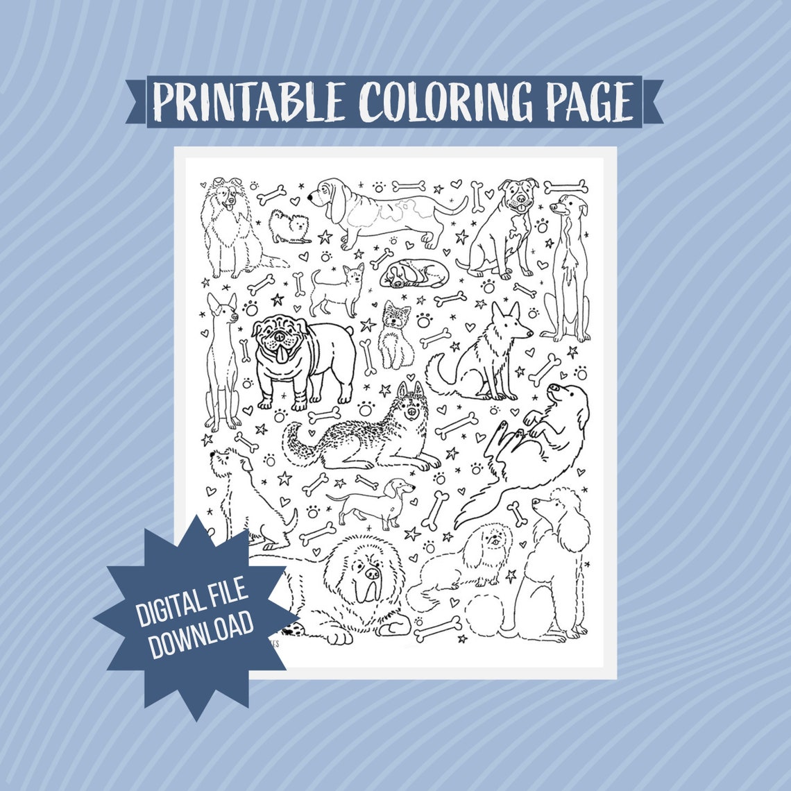 PRINTABLE Dogs Coloring Page, Digital Download, Hand-drawn Coloring ...