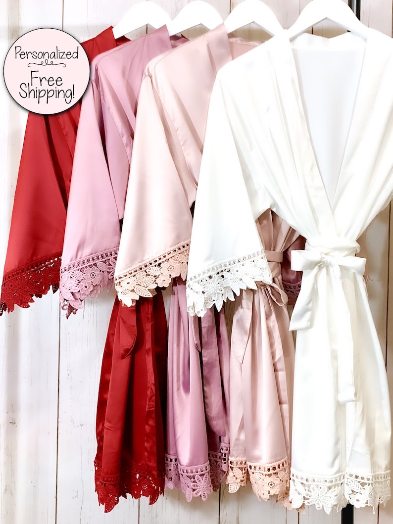Satin Robe with Lace Sleeves & Trim Personalized Bridesmaid | Etsy