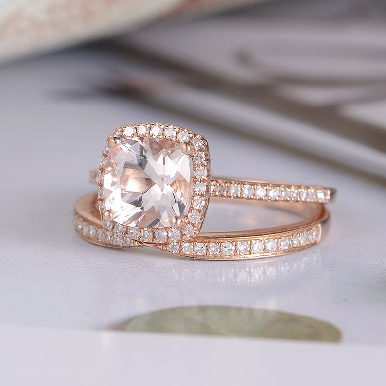 Morganite Engagement Ring Rose Gold Bridal Set Cushion Cut Etsy