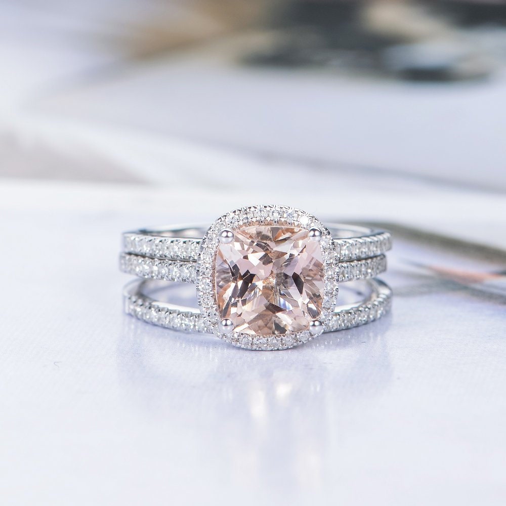 Cushion Cut Morganite Engagement Ring Bridal Set 9mm White Etsy