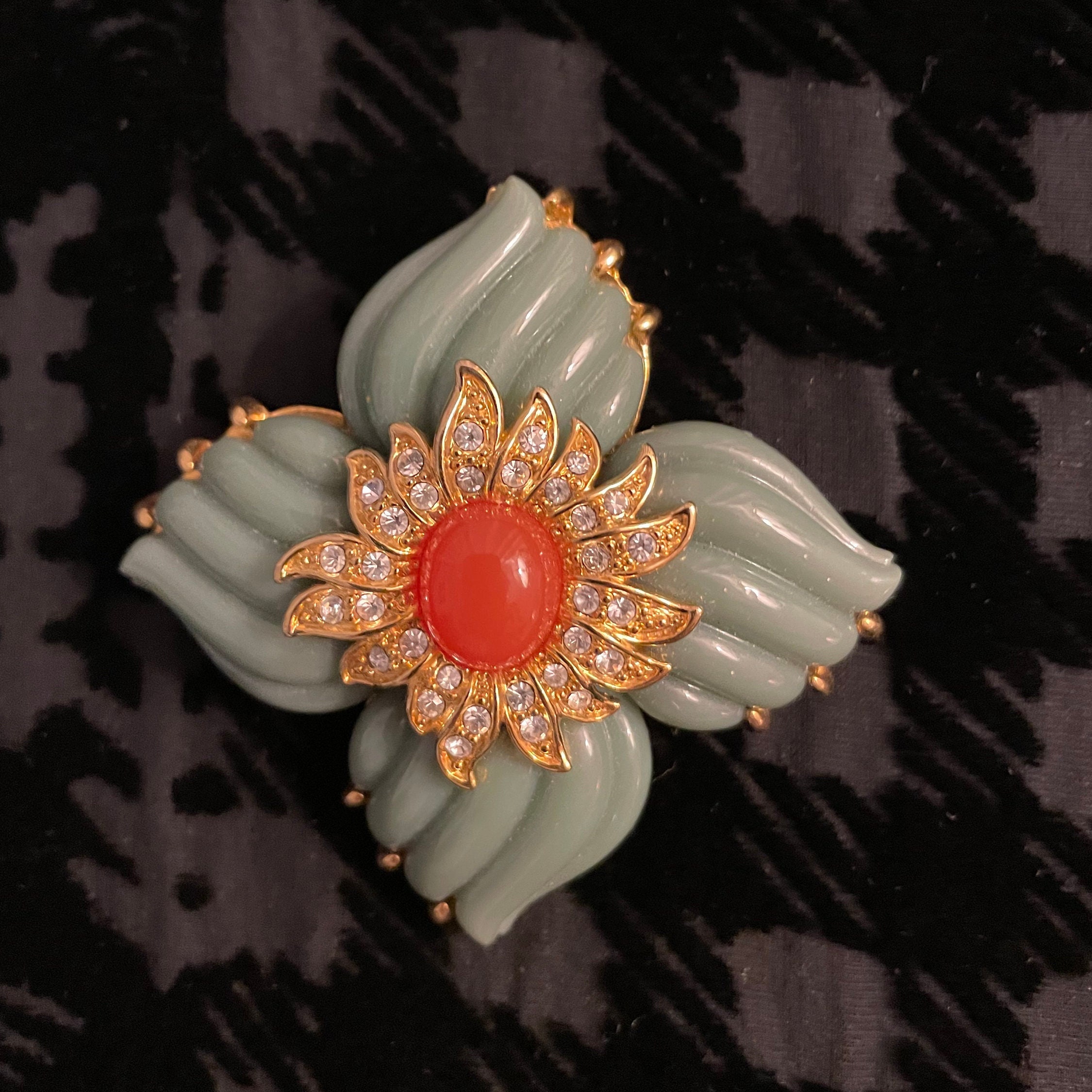 Stunning Vintage Brooch by Joan Rivers. Faux Jade , Coral & Rhinestones ...