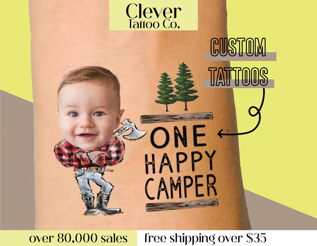 One Happy Camper First Birthday Temporary Tattoos, Camping Birthday ...