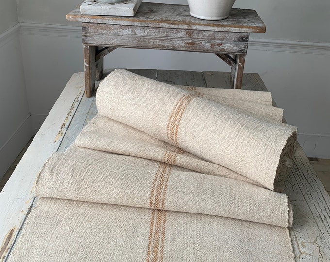 Grain Sack Fabric Antique Homespun Linen Caramel Striped Hemp Table ...