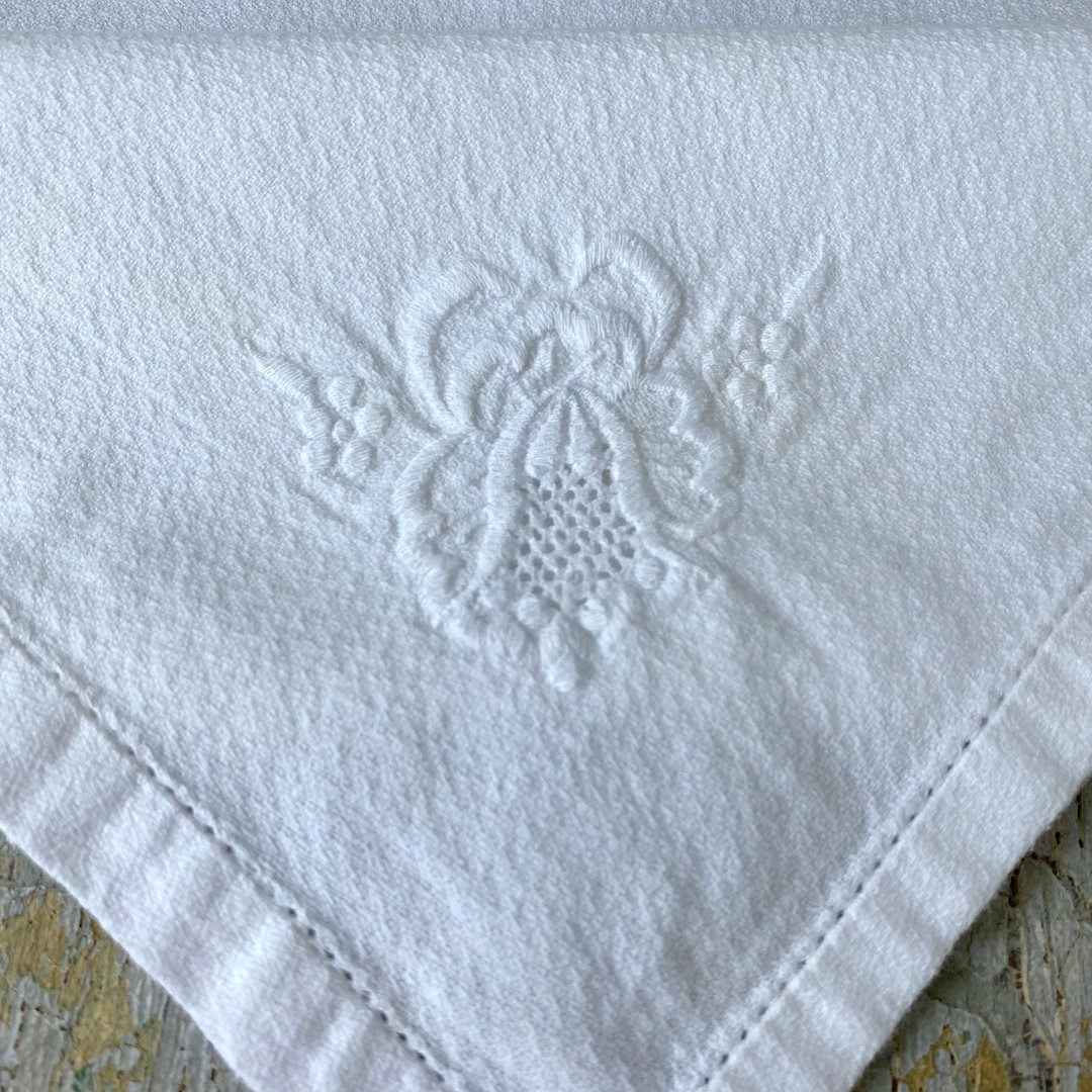 1 Single Vintage French Napkin Floral Embroidery White Linen 1920s ...