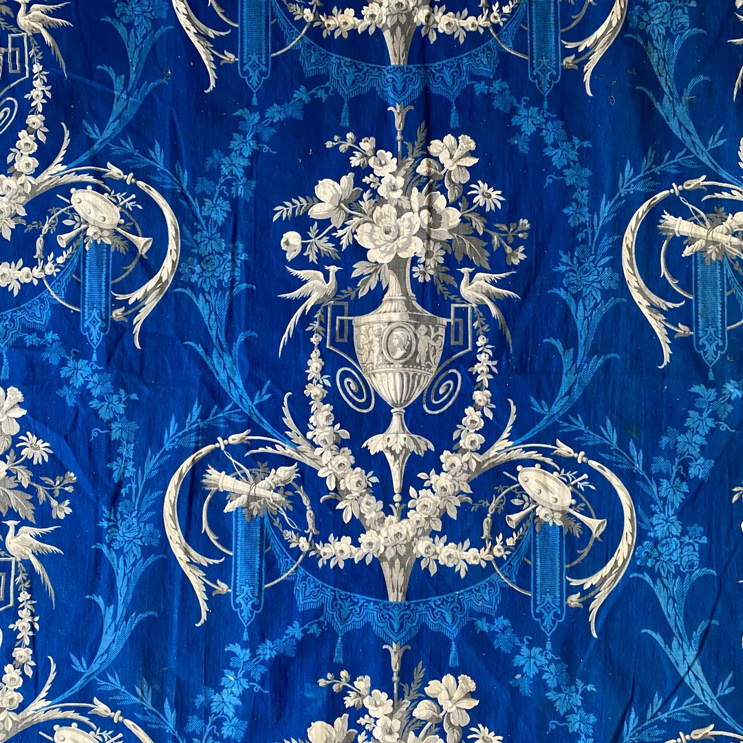 128X56 LARGE 1860 Curtain Prussian Blue French Rococo Floral ...