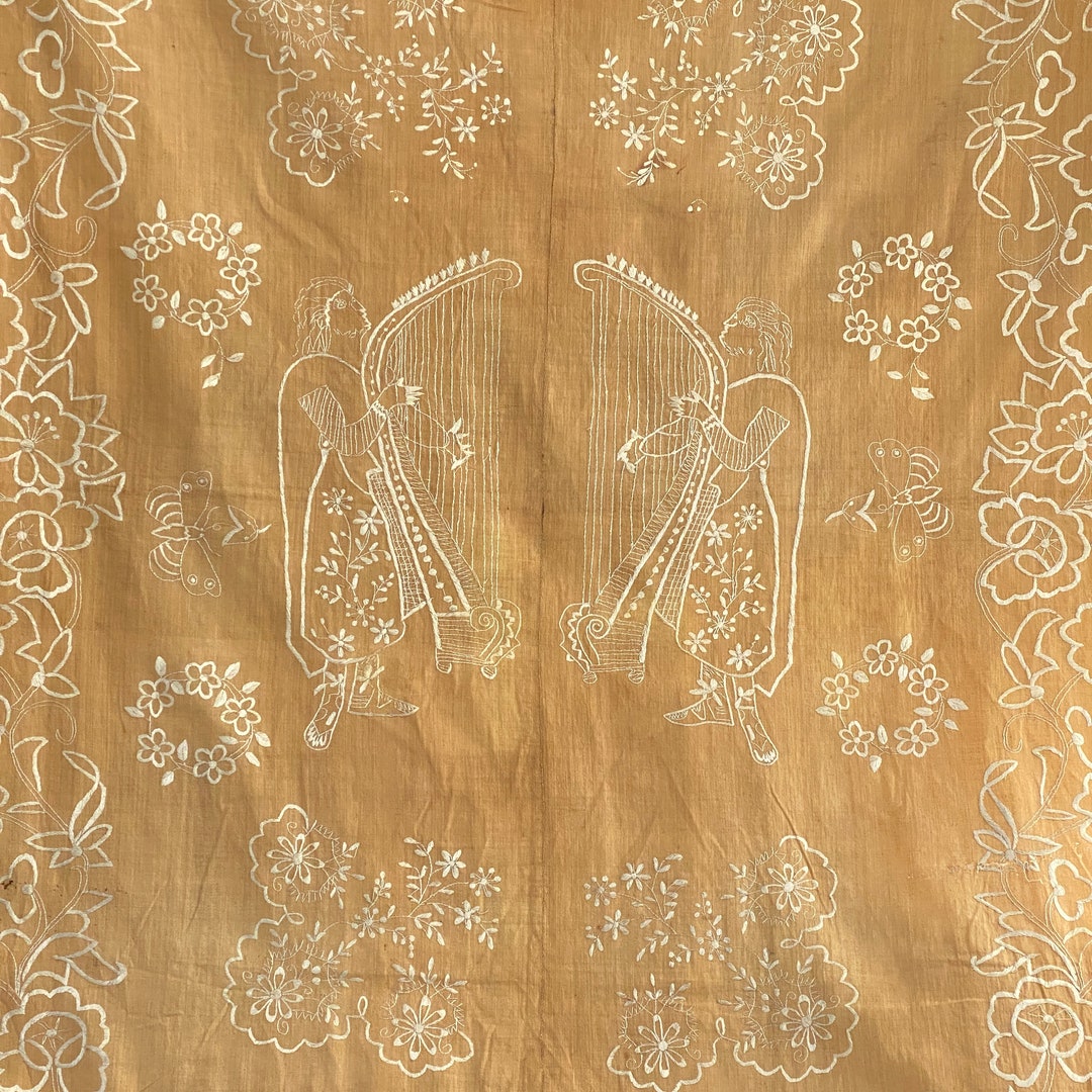 47 X 64 Antique Textile ART UNIQUE Handmade French Silk Embroidery Ecru ...