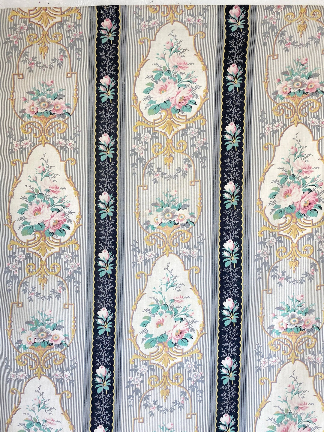 Floral Cartouche and Stripe Fabric Cotton Material Black Gray Pink ...