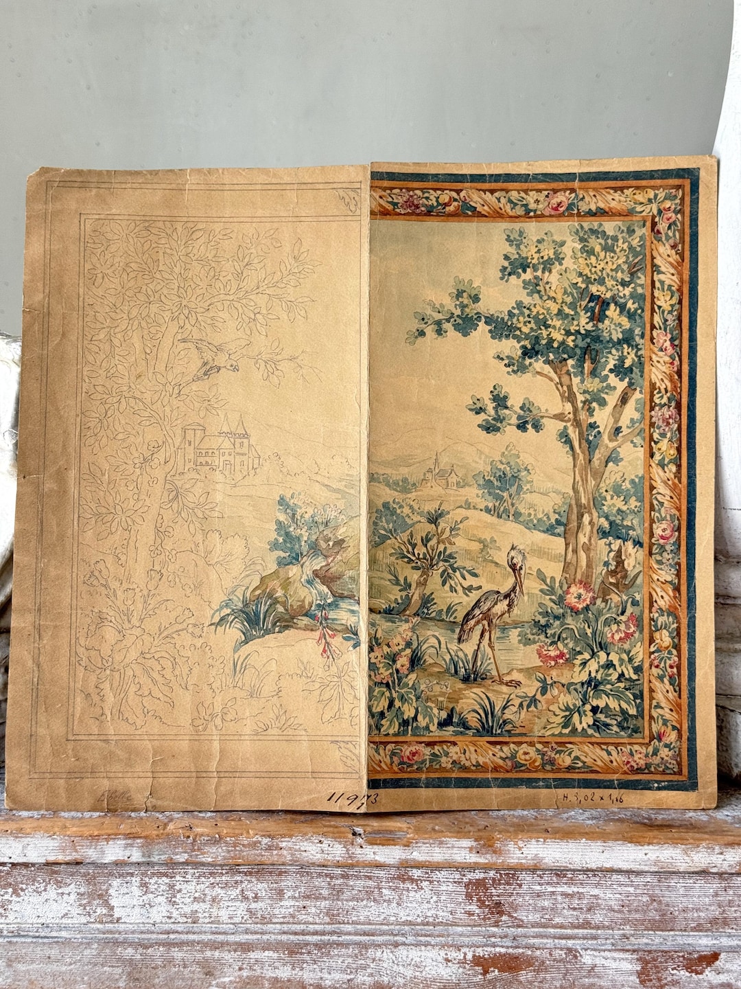 French Tapestry Design Drawing Gouache Pencil Verdure Landscape Castle ...