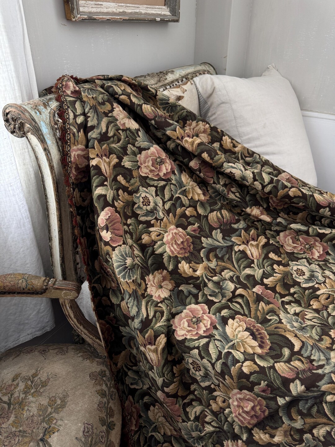 112x63 C1900 French Floral Tapestry Textile Antique Jacquard Earth ...
