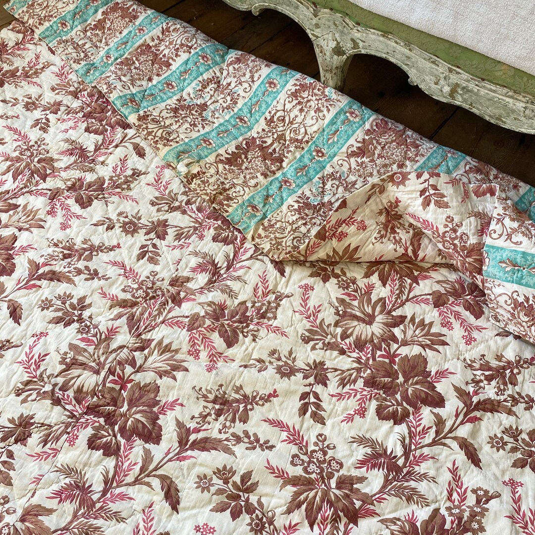 French Antique Quilt Farmhouse Country Cottage Faded Floral Pink Whole ...